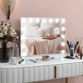 HOMCOM Hollywoodské zrcadlo s osvětlením 58x48cm 15 LED 3 světelné režimy 10x zvětšení přenosný dotykový spínač USB nabíjecí port bílý |