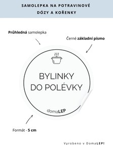 Samolepka na kořenky BYLINKY DO POLÉVKY průhledná 5 cm základní písmo
