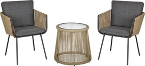 Outdoorová zahradní souprava Outsunny Poly Rattan, nábytek na balkon pro 2 osoby, 3-dílná zahradní souprava se 2 židlemi a stolem, polstry na sezení,