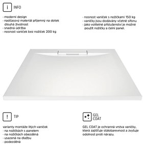Mereo čtvercová sprchová vanička s hranatým krytem sif 80x80x3 cm vč sif bez nožiček litý mramor bílá CV41KS