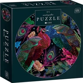 INTERDRUK Kulaté puzzle Secret Garden: Pár pávů / 500 dílků / průměr 6