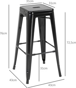 HOMCOM Set 4 stohovatelných barových židlí s opěrkou nohou, výška sedáku 76 cm, černý kov