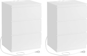 Noční stolek, 2 kusy v sadě, se 2 zásuvkami a 2 USB porty, bílý