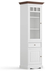 Bílý nábytek Vitrína Belluno Elegante, úzká, dekor bílá | ořech, masiv, borovice - LEVÁ