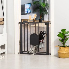 PawHut bezpečnostní bariéra pro psy a kočky 76H cm s automatickým zavíráním dveří a dvojitým zámkovým systémem, nastavitelná od 75 do 82 cm, ocel a AB