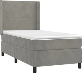 Box spring postel s matrací a LED světle šedá 90x200 cm samet 3139421