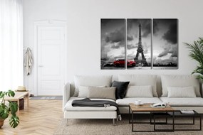 Vícedílný obraz Černobílý Pohled Na Eiffelovu Věž A Retro Auto Nedostatek Nedostatek Přírodní plátno 120x80