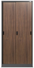 Plechová skříň s posuvnými dveřmi a policemi KUBA, 900 x 1850 x 400 mm, Eco Design: antracitová/ ořech