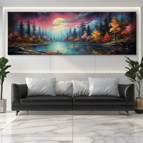 Obraz na plátně - Barevná podzimní krajina s noční oblohou FeelHappy.cz Velikost obrazu: 210 x 70 cm