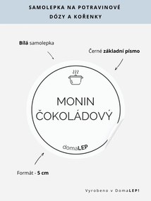 Samolepka na láhev MONIN ČOKOLÁDOVÝ průměr 5 cm – bílá vinylová, voděodolná, omyvatelná samolepka na dózy, základní písmo