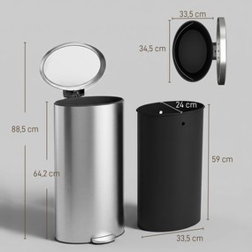 HOMCOM Odpadkový koš s víkem Soft-Close, pedálový koš s vyjímatelným vnitřním kbelíkem 30L, stříbrný