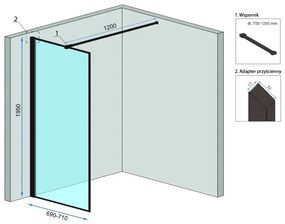 Rea Bler, sprchová zástěna typ Walk-In 70x195cm, 8mm čiré sklo, černý profil + police a věšák na ručníky EVO, KPL-K7636