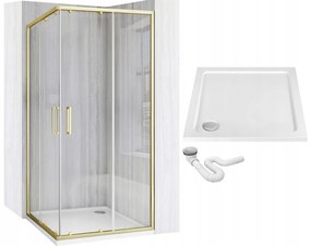 Rea City, sprchový kout s posuvnými dveřmi 90(dveře) x 90(dveře) x 190 cm, zlatý matný profil + bílá sprchová vanička Savoy, KPL-K6443