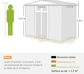 Kovová zahradní kůlna Outsunny 2,7 m² 246 x 117 x 180 cm Skladovací kůlna s oknem, 4 ventilačními otvory a zámkovými dveřmi, venkovní ocelová zahradn…