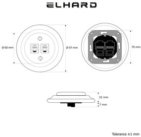 Elhard Kulatá keramická zásuvka 2xRJ45 CAT6, černá KV2034B