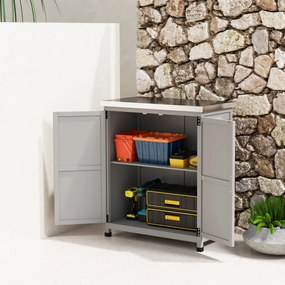 Gartenschrank, Außenschrank mit Arbeitsfläche, Werkzeugschrank, Massivholz, Stahl, 79B x 43T x 92H cm, Grau