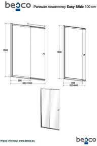 BESCO Vanová zástěna EASY SLIDE CHROM BARVA rámu - Hliník leštěný, Rozměr A - 100 cm, Směr zavírání - Univerzální Levé / Pravé, Výplň - Čiré bezpečnostní sklo - 4 mm - BCEASL100CC