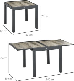 Zahradní stůl Outsunny, jídelní stůl s rozkládací deskou, stůl na terasu se vzhledem dřeva, hliníkový stůl na balkon, béžová+šedá, 160 x 80 x 75cm| A…