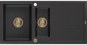 Mexen Andres granitový dřez 1,5-komorový s odkapávačem 1000 x 500 mm černý/stříbrný metalik, sifon zlatý - 6515101510-73-G