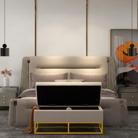 HOMCOM Lavice s úložným prostorem Čalouněná lavice s výklopným víkem v béžovém sametovém vzhledu Lavice s ocelovými nohami 110x44x49 cm do předsíně o…