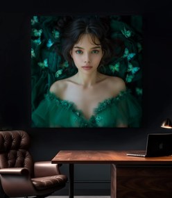 Obraz na plátně - Emeraldová dívka s motýly FeelHappy.cz Velikost obrazu: 100 x 100 cm