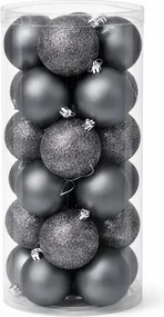 Sada vánočních ozdob tmavě stříbrná 6 cm plastové baňky, 12× glitter, 12× mat, balení 24 ks