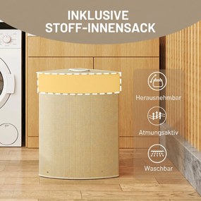 Koš na prádlo HOMCOM z bambusu, 55 l – trojúhelníkový rohový design s odnímatelnou pratelnou vložkou, víkem a madlem, 35 x 60 cm, přírodní