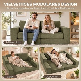 HOMCOM Pohovka 4-v-1 s funkcí spánku, rozkládací skládací pohovka, polštáře, 2místná, zelená