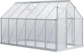 Zahradní skleník Outsunny s polykarbonátem 7,1 m² rozměry 1,9L x 3,75W x 1,99H se základem, nastavitelným střešním oknem a posuvnými dveřmi - Stříbrný