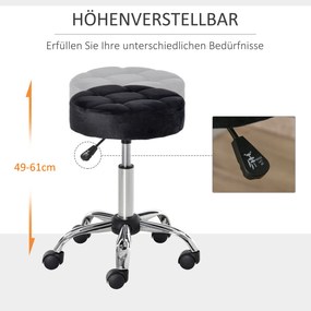 Salonní židle HOMCOM s kolečky výškově nastavitelná otočná stolička na kolečkách sametová pěna na dotek chromová základna černá 35 x 35 x 49-61 cm pr…