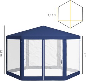 Zahradní pavilon, 6úhelníkový, síťové závěsy, kovový rám, 3,94x3,412x2,5 m, modrý