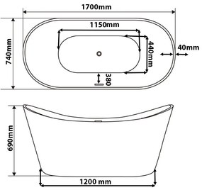 BPS-koupelny Volně stojící akrylátová vana HYD-RIC513C 170x75 bílá/černá, odtokový komplet chrom