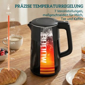 HOMCOM Elektrická konvice, 1,7 l, rychlovarná, 2200 W, s LED displejem, funkcí udržování teploty, ochranou proti provozu nasucho, bez PTFE