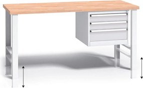 Výškově nastavitelný pracovní stůl do dílny G3 se závěsným boxem na nářadí, buková spárovka, 3 zásuvky, 1500 x 685 x 840 - 1050 mm, šedá