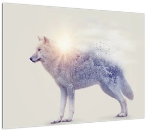 Skleněný obraz - Arktický vlk zrcadlící divokou krajinu (70x50 cm)
