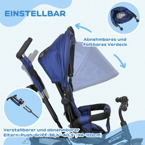 HOMCOM 6-in-1 Tříkolka s Rukojetí pro Rodiče, Dětská Tříkolka s Odnímatelnou Slunečníky, Polstrováním, Balance Bike s 5-Bodovým Bezpečnostním Páscem,…