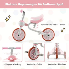Costway Dětské kolo 4 v 1 předškolní kolo s rukojetí pro rodiče růžové, růžový