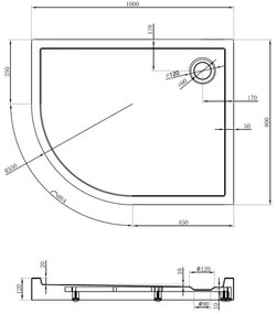 Mexen Flow+, čtvrtkruhová asymetrická sprchová vanička, pravá, 100 x 80 cm, bílá lesklá, 46Q108010RH