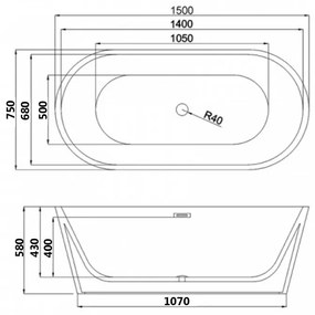 BPS-koupelny Volně stojící akrylátová vana HYD-LIZ502A 150x75 bílá, odtokový komplet zlatý kartáčovaný