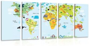 5-dílný obraz dětská mapa světa se zvířátky - 200x100 cm
