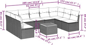 10dílná zahradní sedací souprava s poduškami šedá polyratan 3223792
