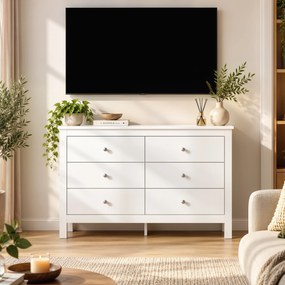 HOMCOM Komoda se 6 zásuvkami, příborník s hladce chodícími kolejnicemi pro ložnici, obývací pokoj nebo předsíň, 118 x 39,5 x 75,5 cm, bílá