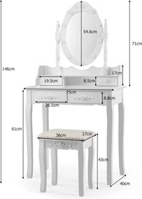 Costway Classic Toaletní stolek Set s LED žárovkami Stolička – 75 × 40 × 146 cm