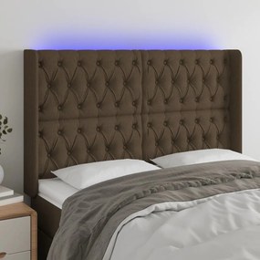 Čelo postele s LED tmavě hnědé 147 x 16 x 118/128 cm textil 3124385