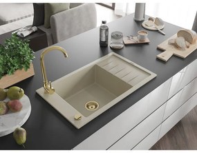 Mexen Elias, granitový dřez granitový 795x480x200 mm, 1-komorový, béžová se zlatým sifonem, 6511791005-69-G