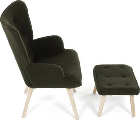 Relaxační křeslo ušák ROMEO II + taburet — masiv, látka bouclé, přírodní / zelená