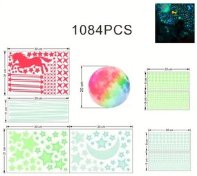 Samolepky na zeď - svítící měsíc s hvězdami Varianta: set C - malý duhový měsíc + hvězdy, 1084ks