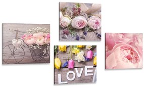 Set obrazů něžné květinové zátiší s nápisem Love