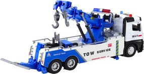 LEAN Toys Nákladní auto s jeřábem, dvěma háky, kovové, bílo-modré, světla a zvuky