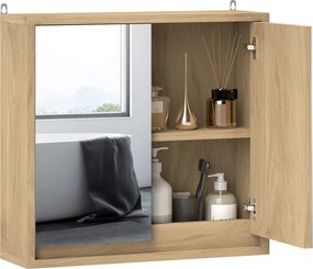 HOMCOM Koupelnová skříňka se zrcadlem, 2 dveřmi a nastavitelnou policí, závěsná koupelnová skříňka pro moderní koupelnu 48x14,5x45 cm, přirodní dřevo